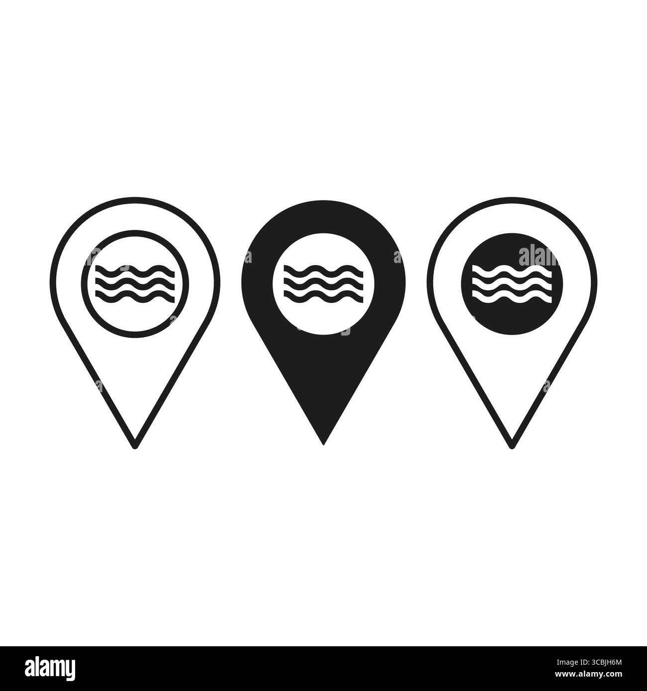 Navigation pin set. Water wave symbol. Location marker Vector. Seaside ...