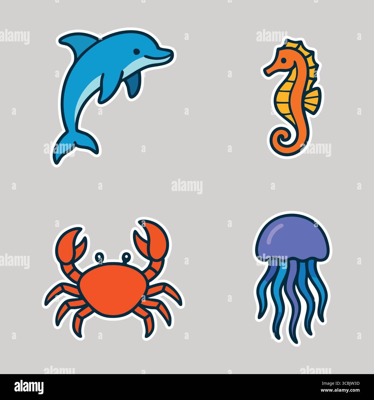 Colorful marine life characters featuring a playful dolphin, curled ...