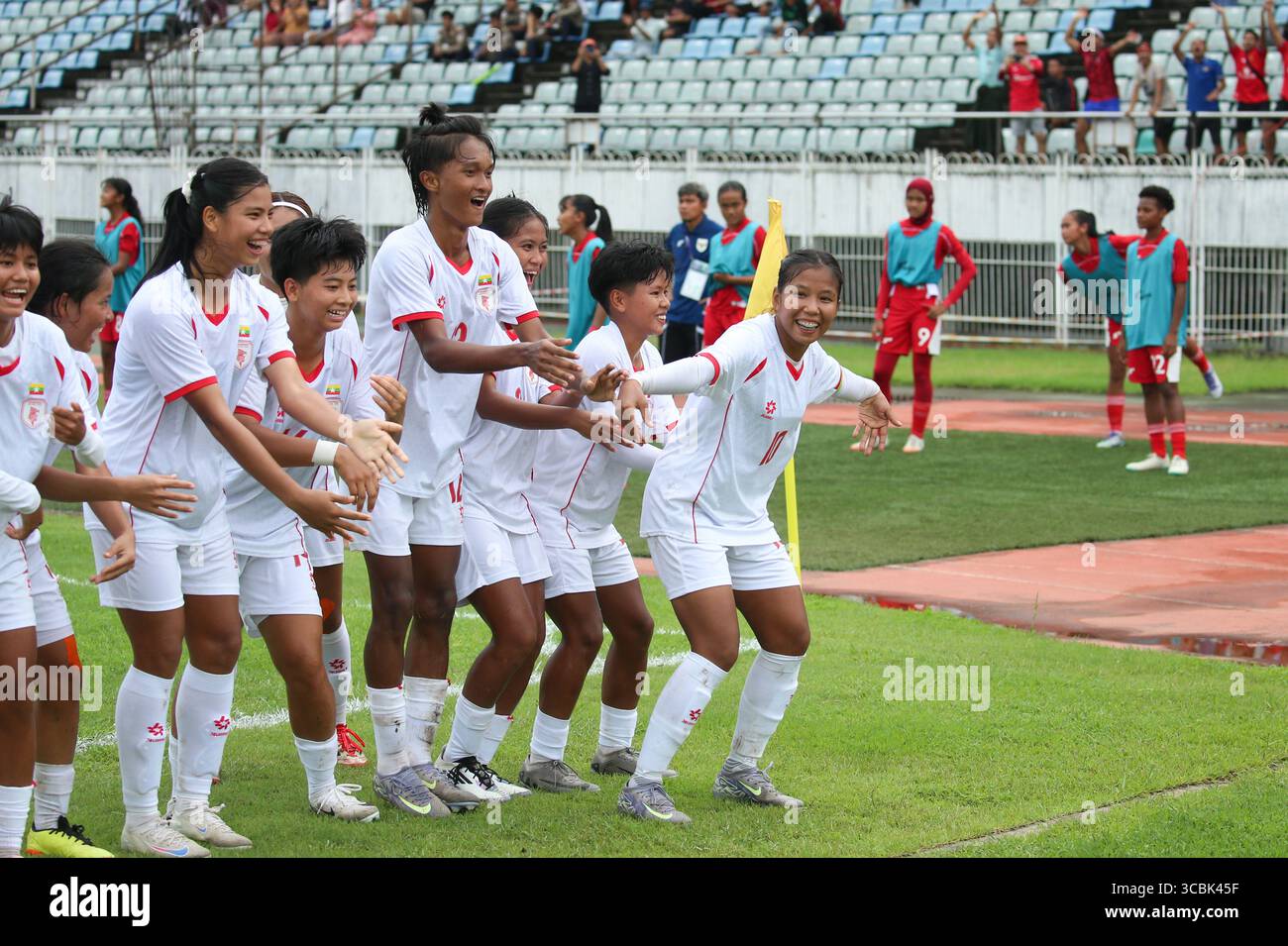 (250808) -- YANGON, Aug. 8, 2025 (Xinhua) -- Myanmar's players celebrate scoring during the AFC ...