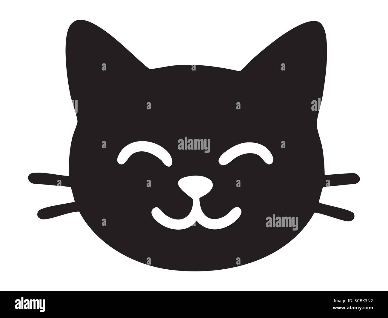 Black silhouette of smiling cat face conveying happy emotion, isolated ...