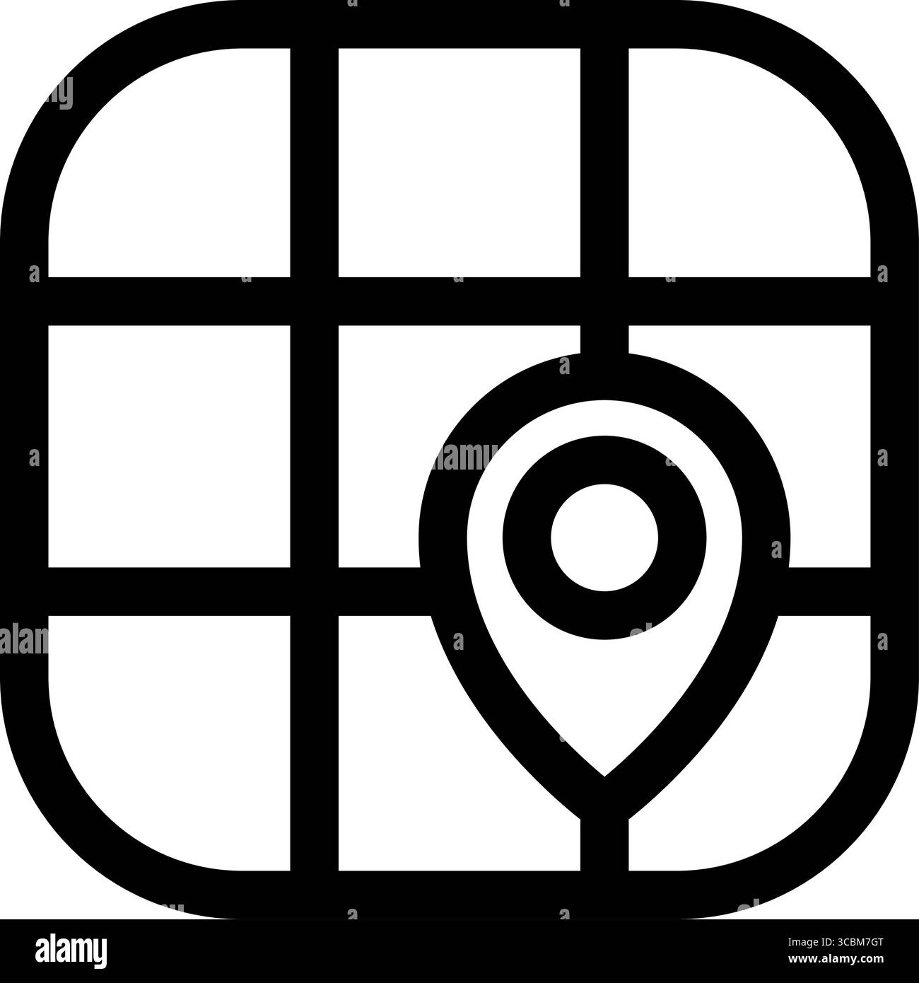 A simple, bold icon depicts a location pin on a map grid, ideal for ...