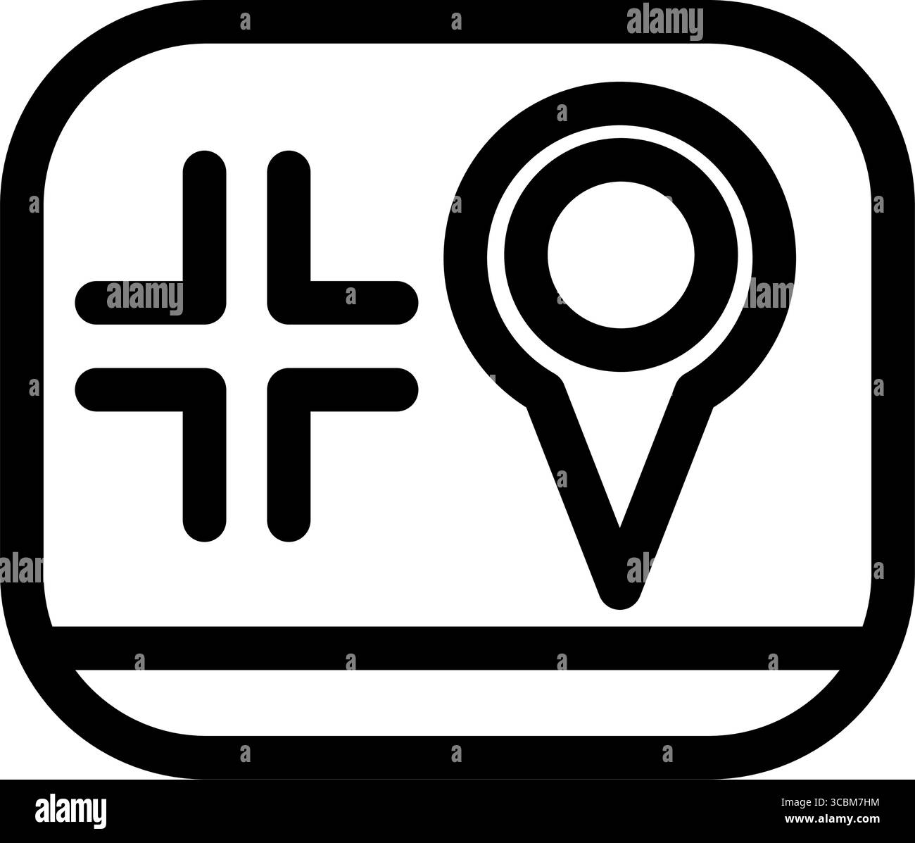 This bold outline icon depicts a map location pin alongside a ...