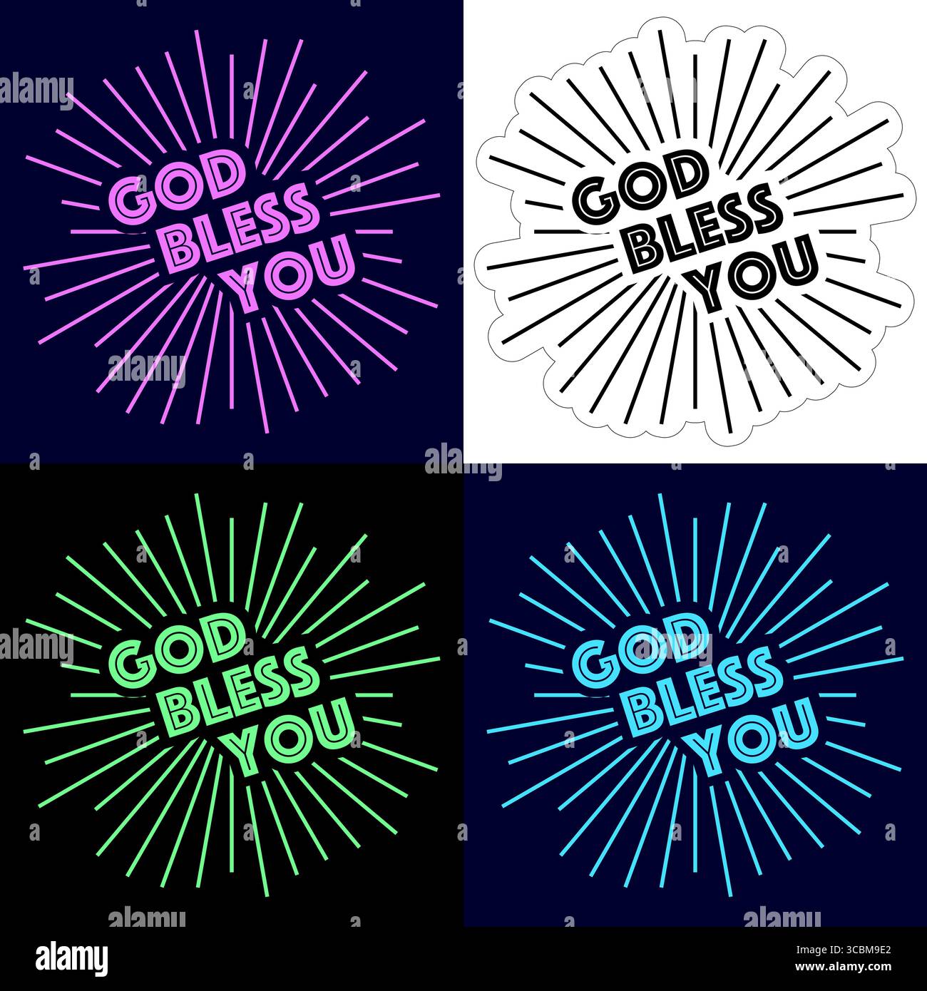 God Bless You text design with starburst lines in four color variations ...