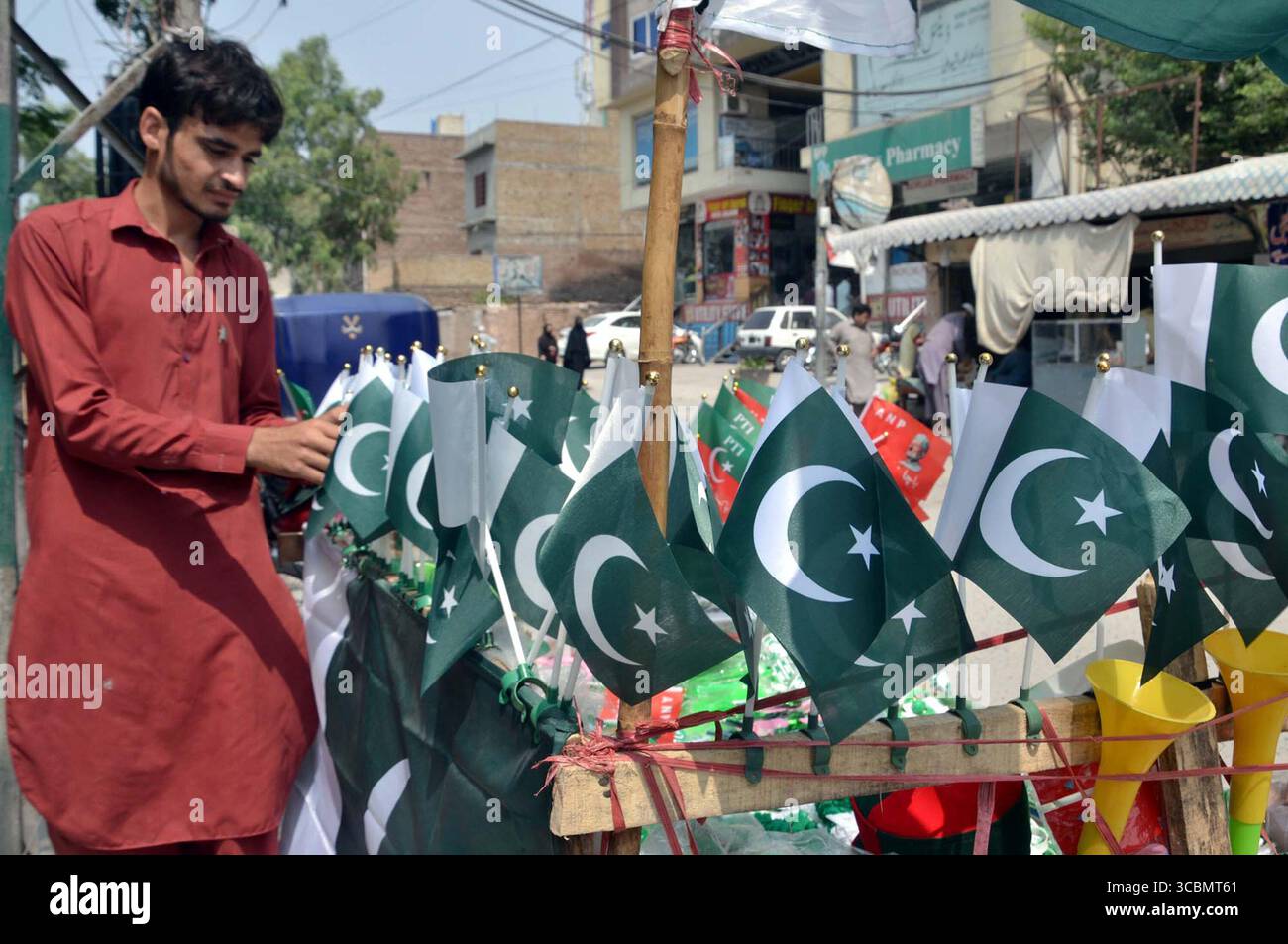 Pakistan flags, buntings, printed shirts and other items are being ...