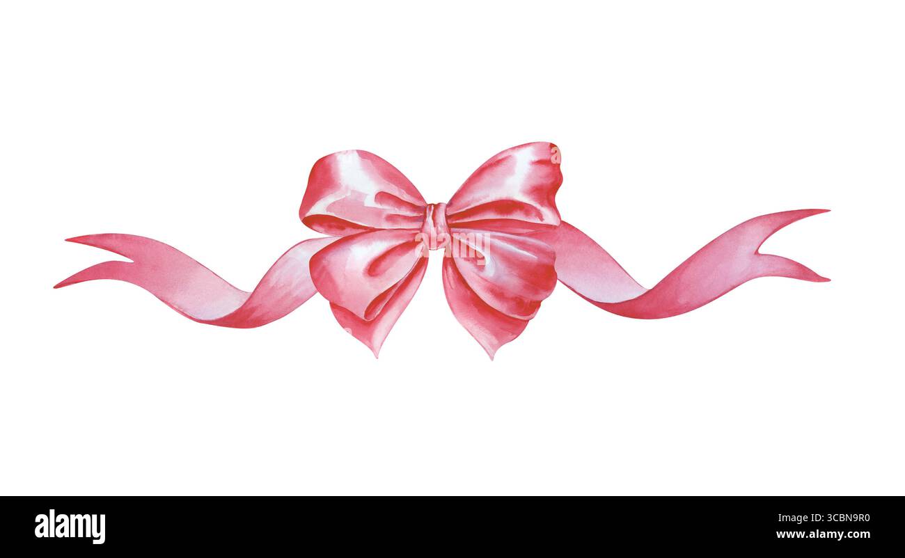 A beautiful pink bow with fluttering ribbons, hand-drawn. Watercolor ...