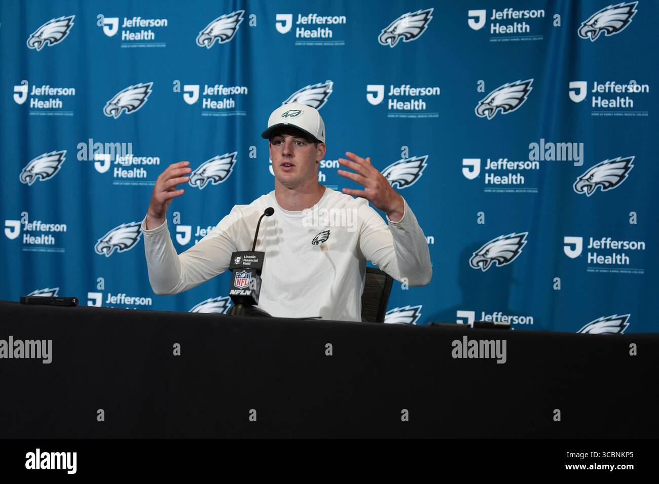 Philadelphia Eagles' Tanner McKee speaks during a news conference after ...