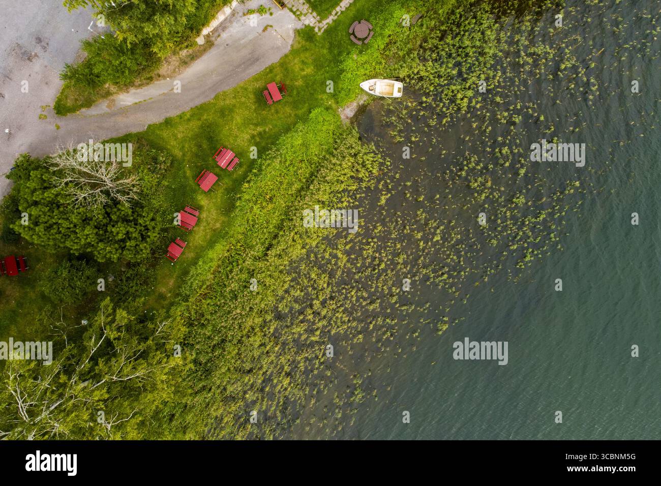 Aerial view of red benches dotting the grassy shore where a lone boat ...