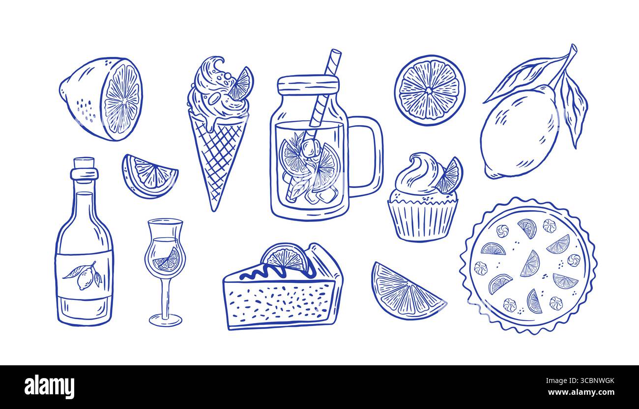 Hand drawn summer lemon Italian drink and food vector illustration. Set ...