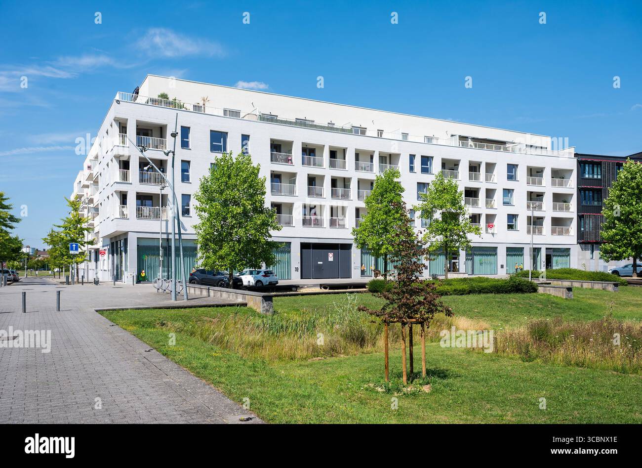 Contemporary apartment blocks in a new developed park in La Louviere ...