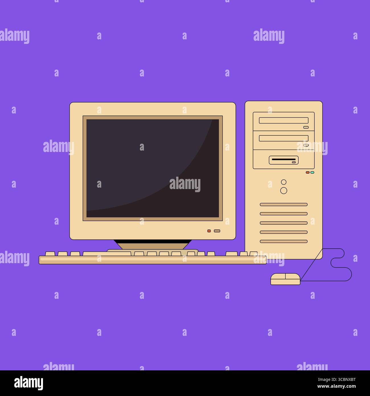 Retro computer. Old PC with monitor keyboard and mouse in flat style ...