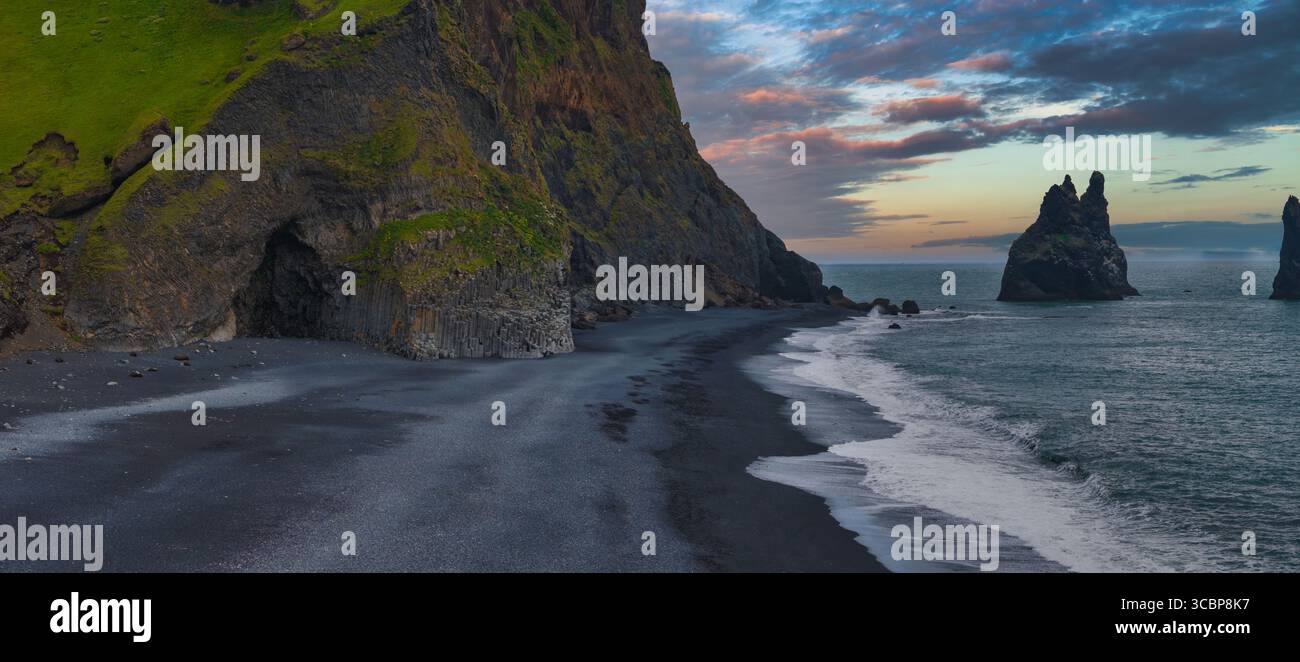 Aerial View of Reynisfjara Black Sand Beach and Reynisdrangar Sea ...