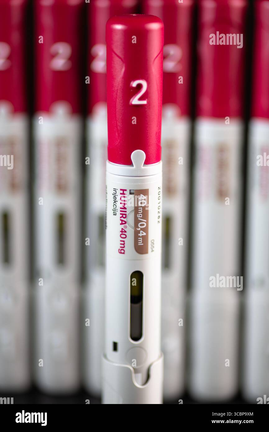 VINKOVCI, CROATIA, 07.17.2025: Humira injection pens displayed in an ...