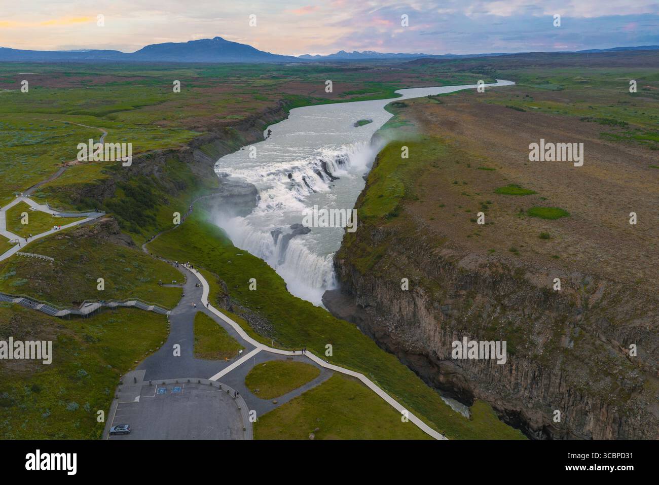 Aerial View of Gullfoss Waterfall Cascading into a Rugged Canyon Stock ...