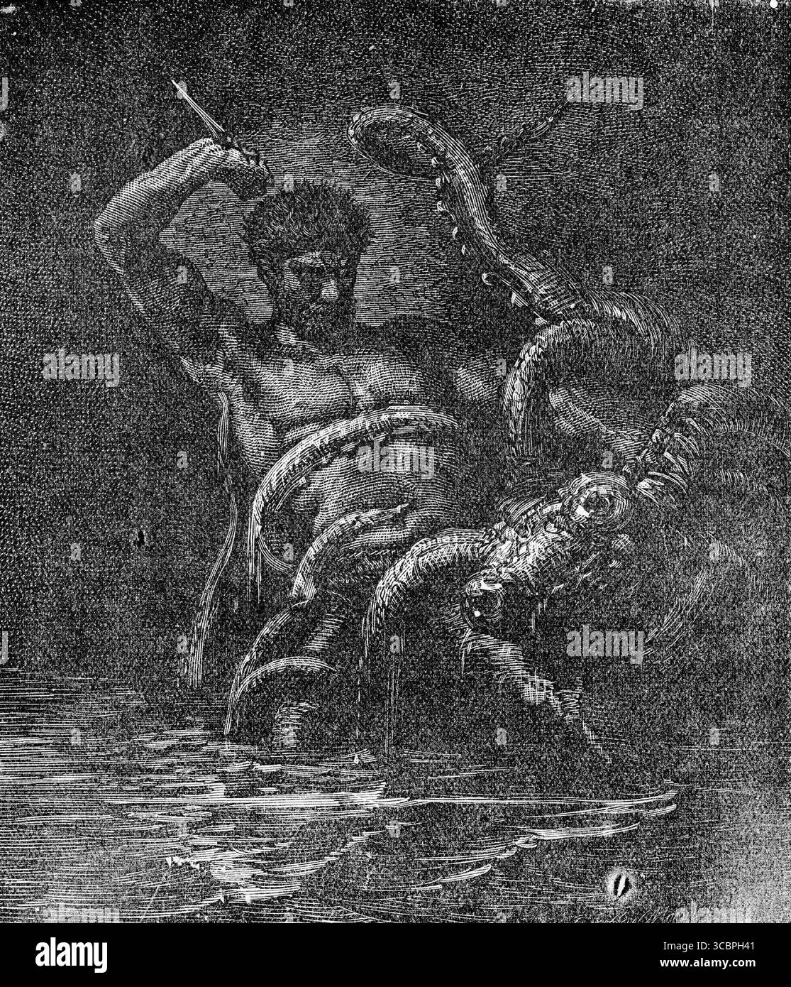 Illustration from Victor Hugo's book Toilers of the sea, showing a man ...