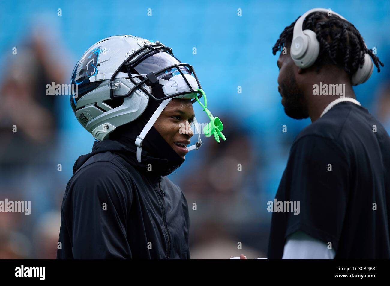 Carolina Panthers wide receiver Jimmy Horn Jr. (left) chats with ...