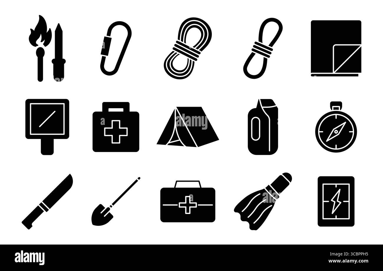 A collection of essential camping gear and safety equipment icons ...