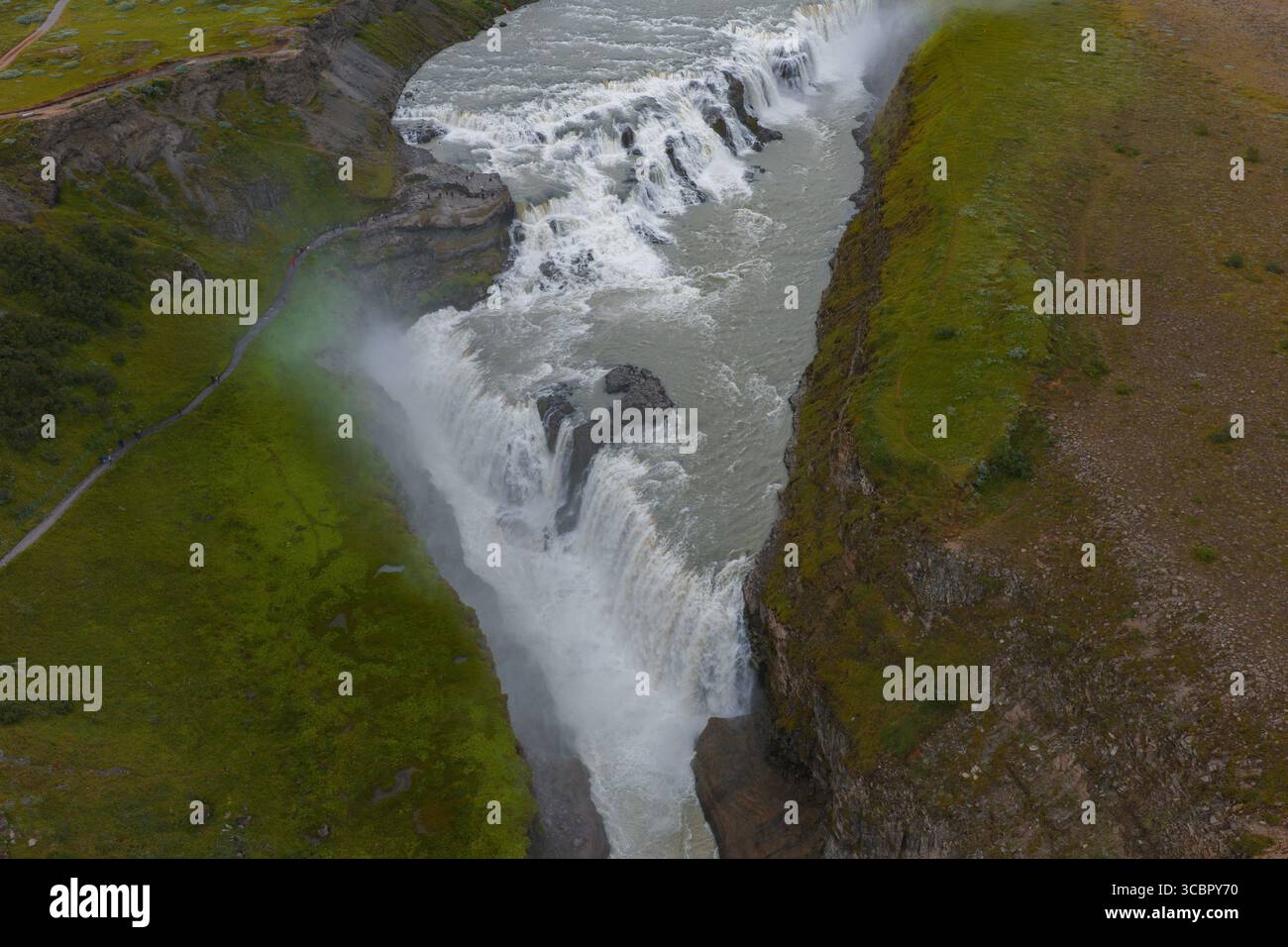 Aerial View of Gullfoss Waterfall Cascading into a Rugged Canyon Stock ...