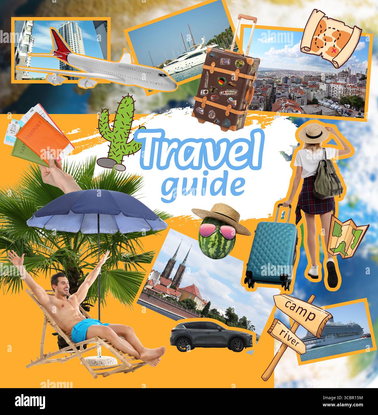 Travel guide. Creative collage with woman, man and different elements ...