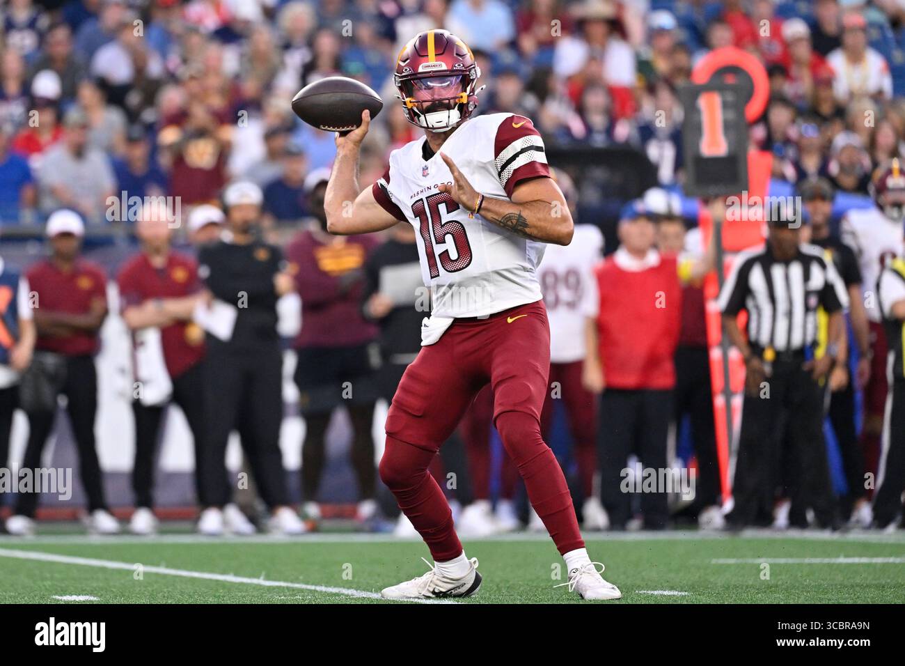 Aug 8, 2025; Foxborough, MA, USA; Washington Commanders quarterback Sam ...