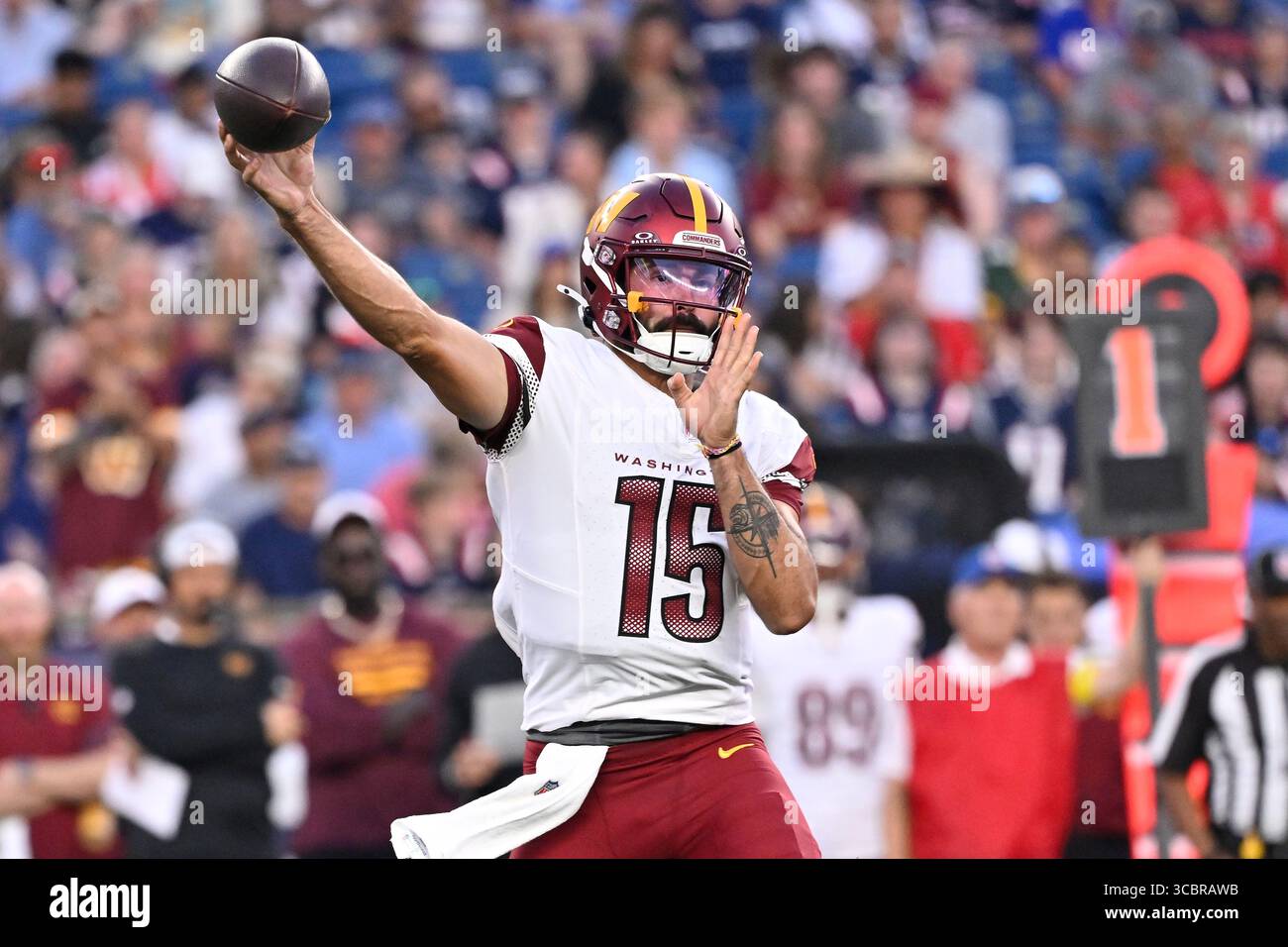 Aug 8, 2025; Foxborough, MA, USA; Washington Commanders quarterback Sam ...