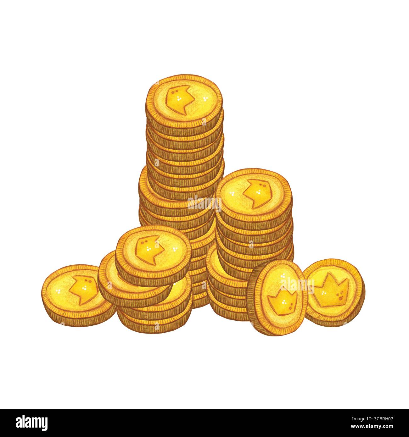 Two stacks of gold a few piled up next to a crown. Watercolor ...
