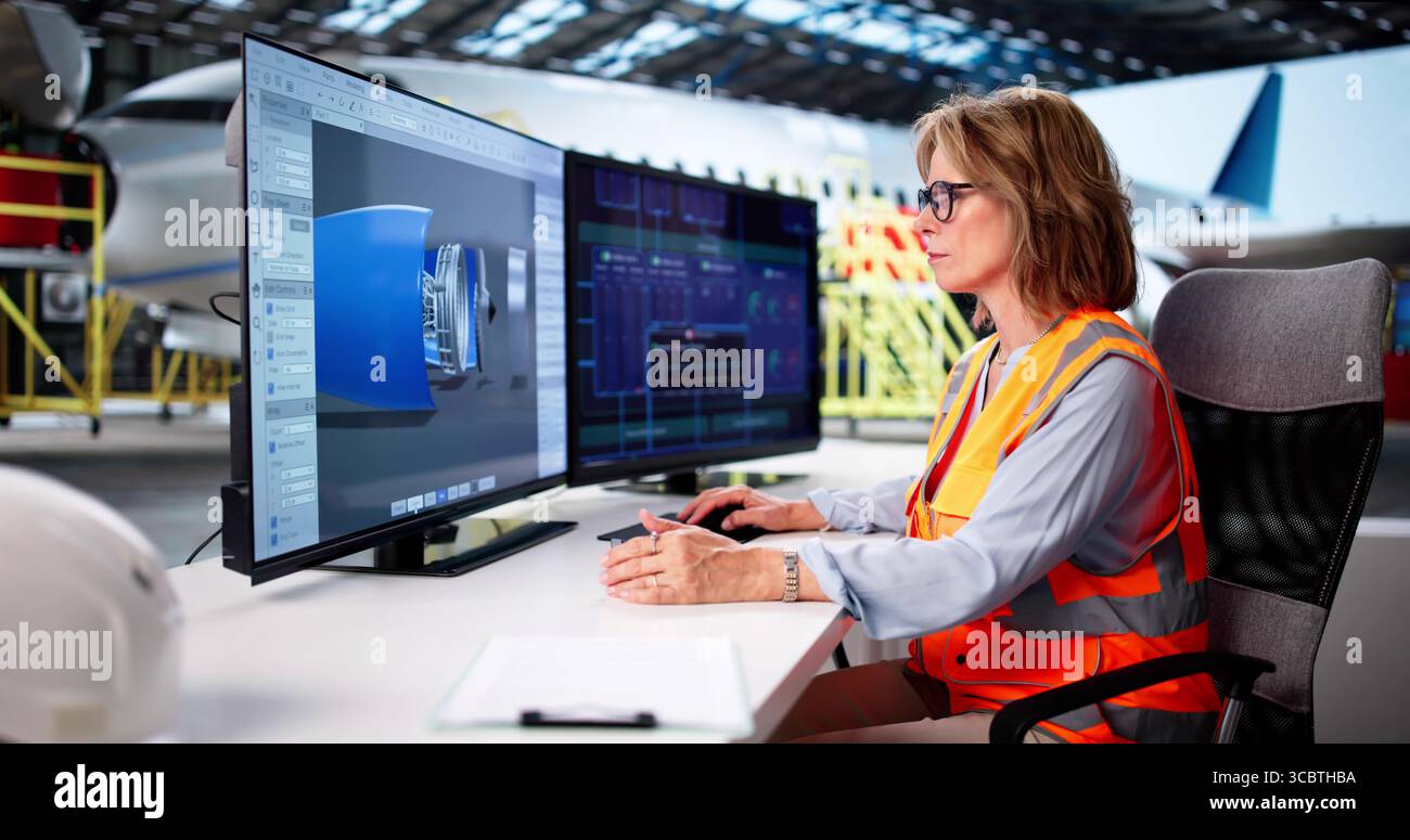 Female Aerospace Engineer Maintaining Aircraft Fleet Using 3D CAD ...