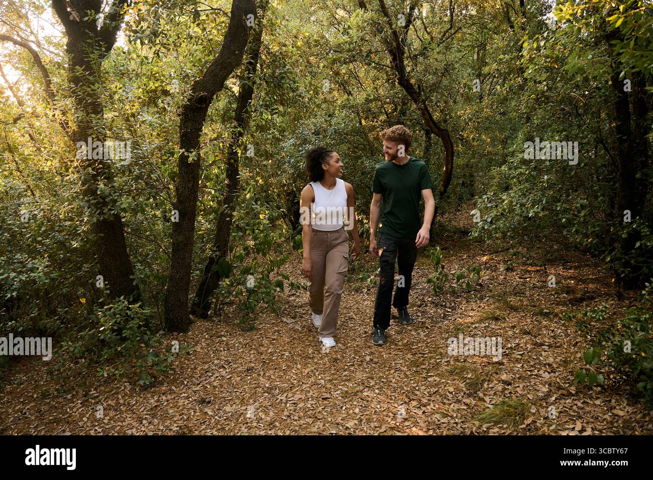 Hikers walking and talking in beautiful forest trail Stock Photo - Alamy