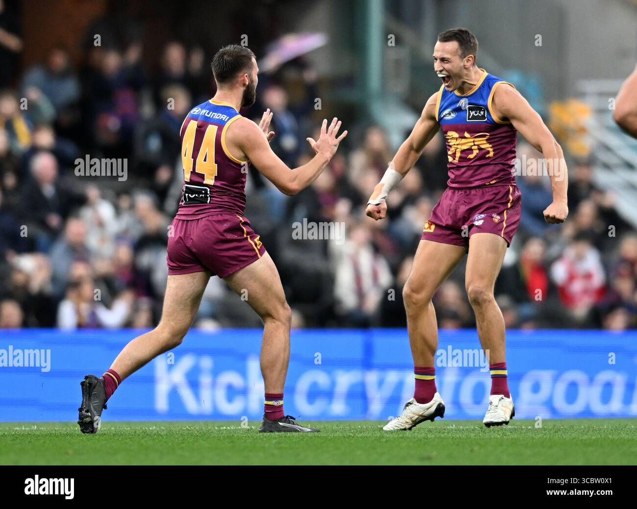 Brisbane, Australia. 09th Aug, 2025. Darcy Wilmot (left) of the Lions ...