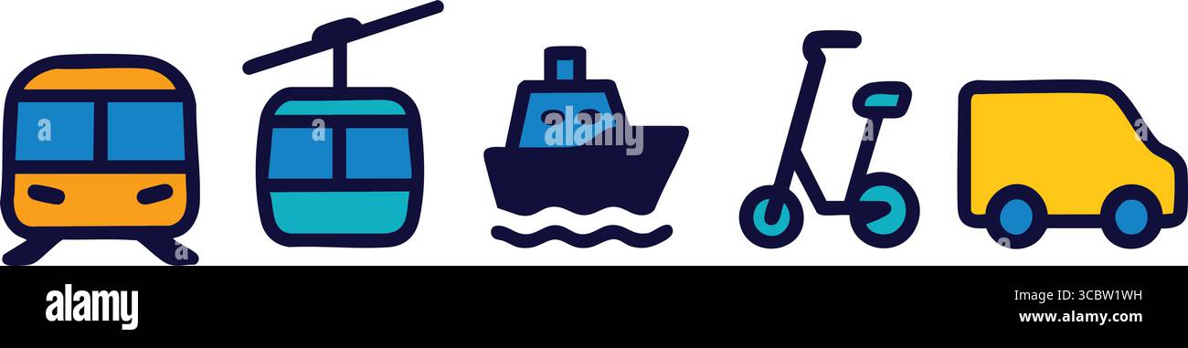 Strip of mixed mobility modes showing an aerial cable car, sleek tram ...