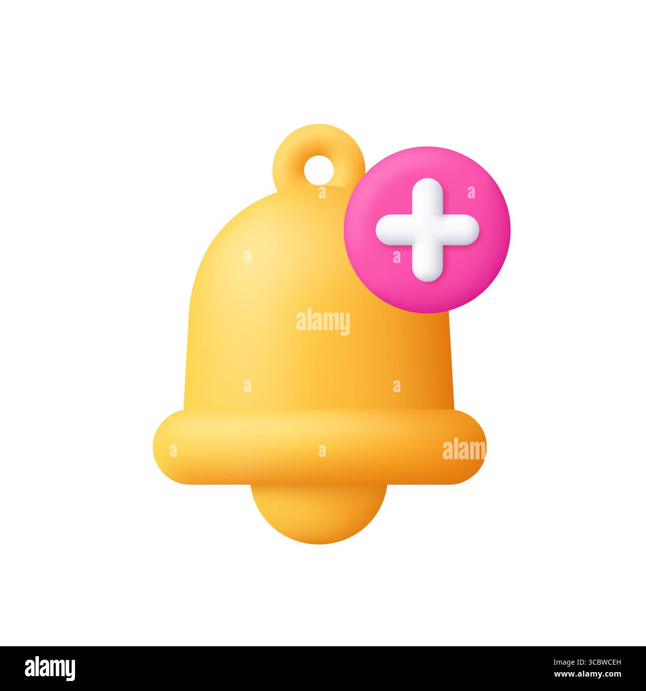 Yellow notification bell with a pink circle badge and white plus sign ...