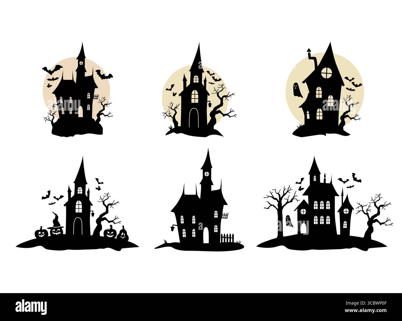 Set of Halloween silhouette houses with bat, pumpkin and ghost on white ...