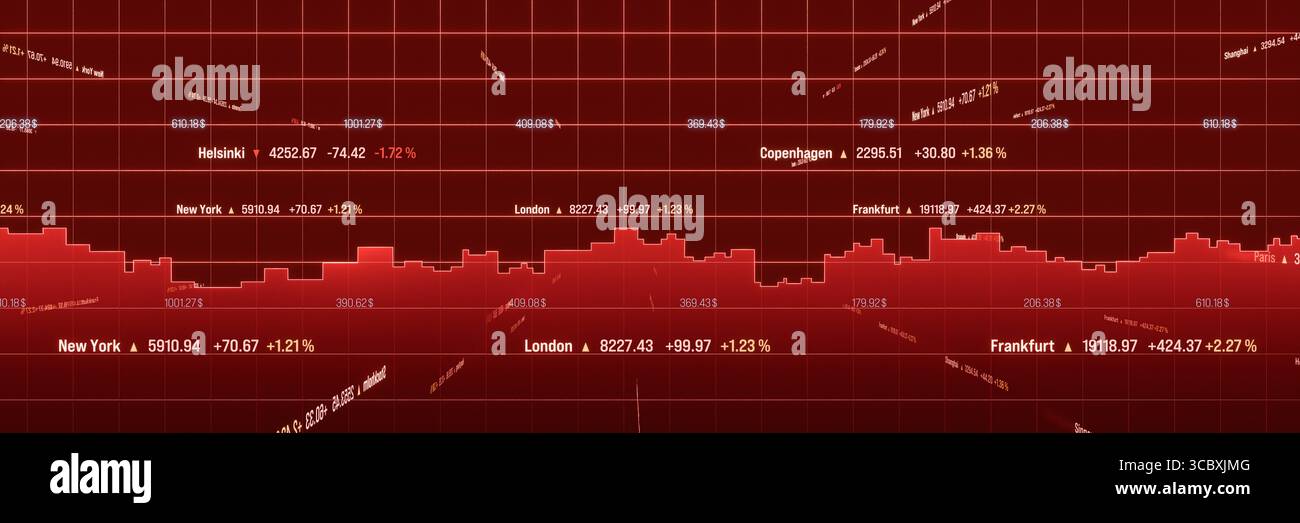 Abstract financial markets screen in red with stock chart, price and ...