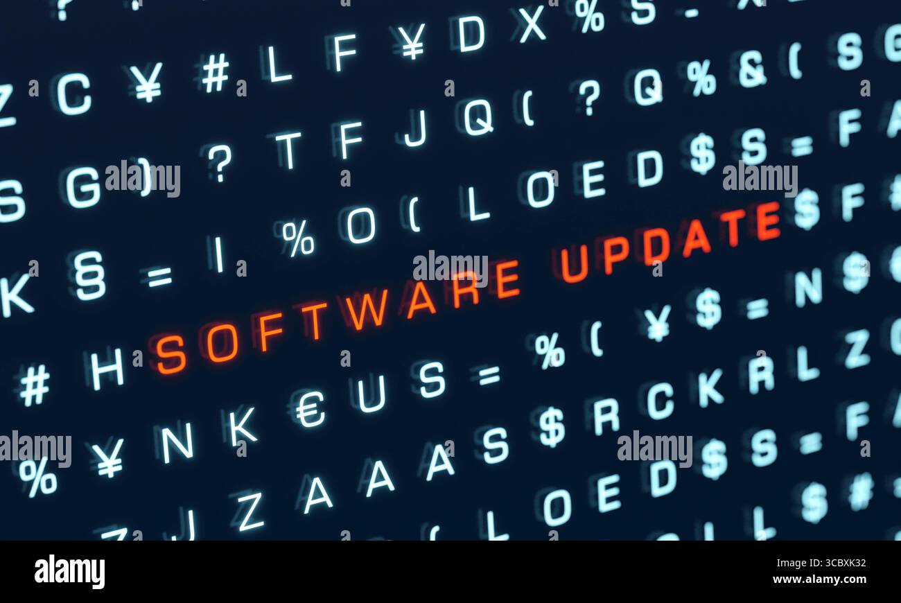 Software update symbol in red between encrypted data. Software update ...