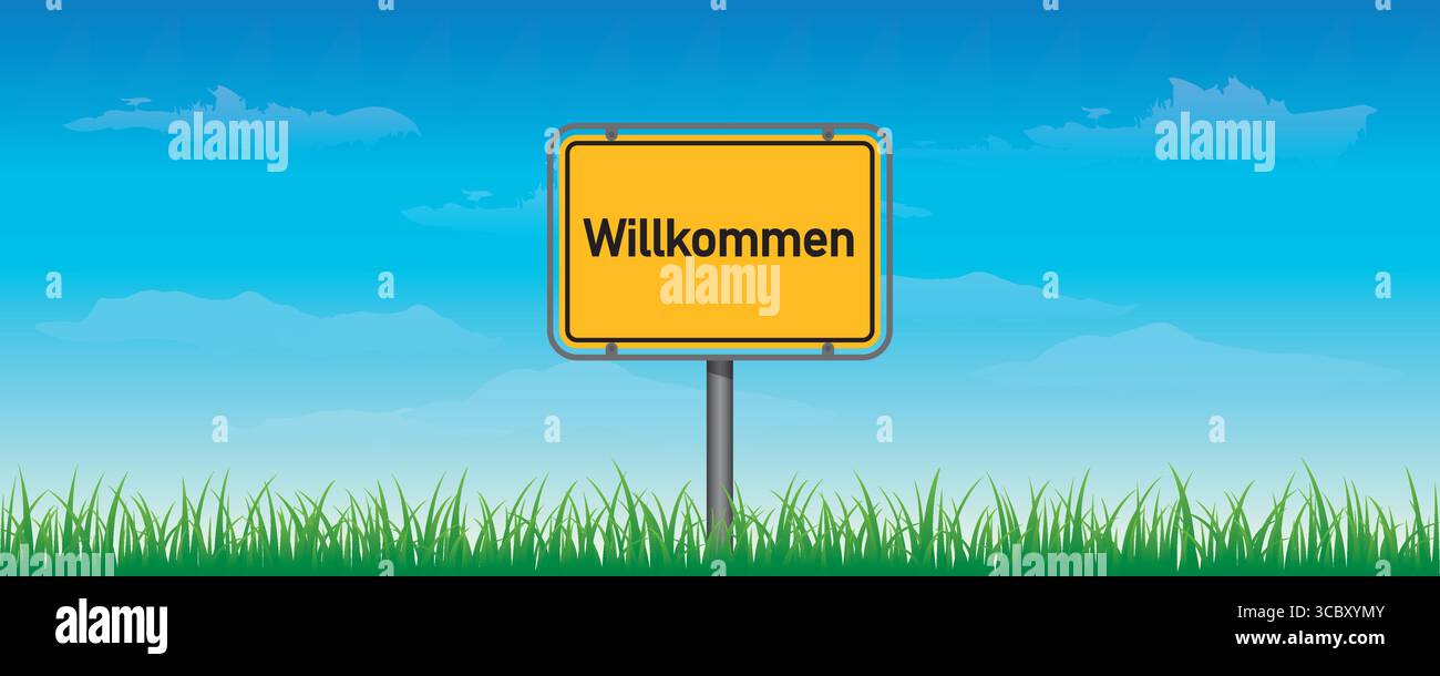yellow traffic sign with german word welcome on nature background ...