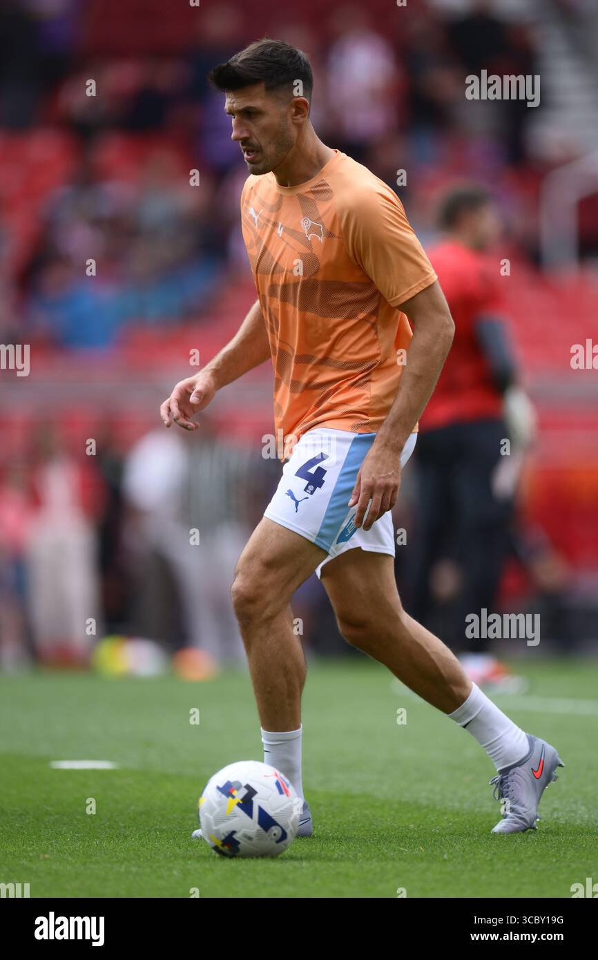 Derby County's Danny Batth warms up during the Sky Bet Championship ...