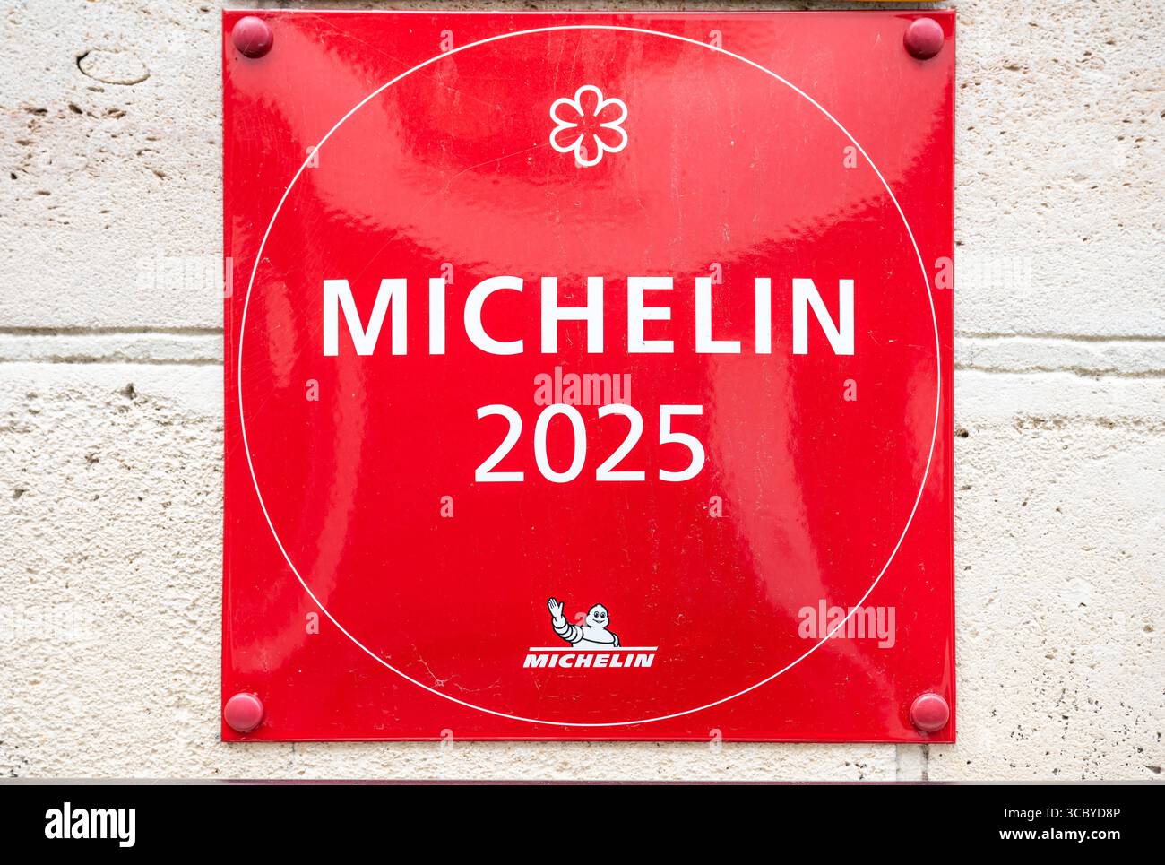 Red sign of a Michelin award for high end restaurants Braine L Alleud ...