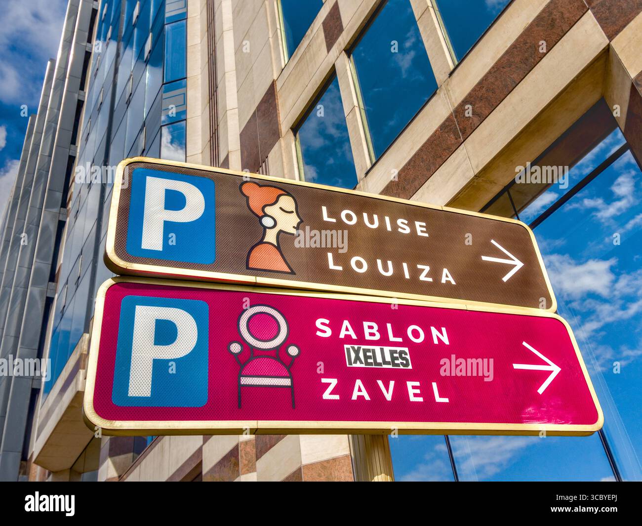 Illustrated direction signs for Louise and Sablon quarters of Brussels ...
