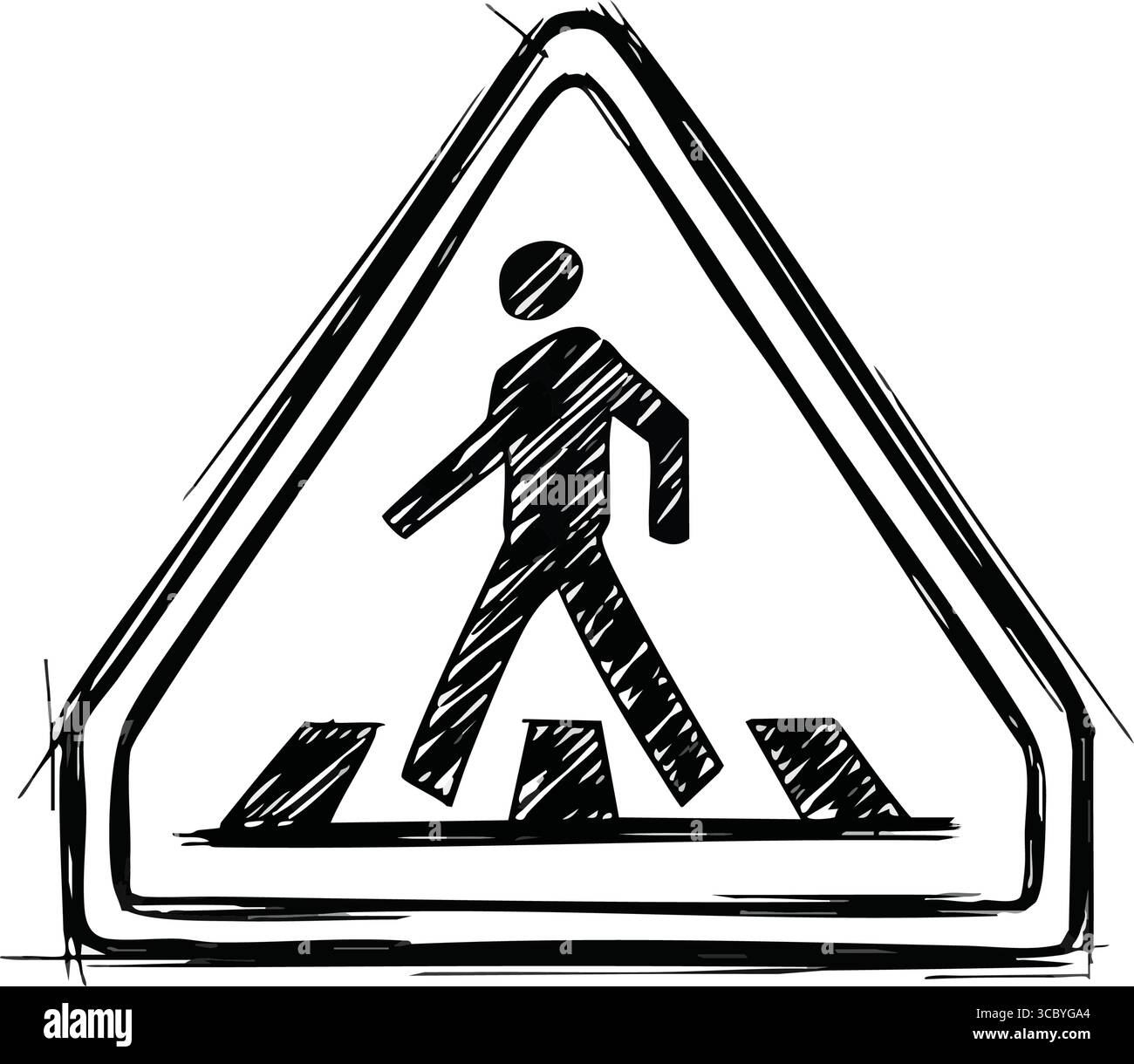 Hand Drawn Pedestrian Safety Sign. Black and white graphic depicts a ...