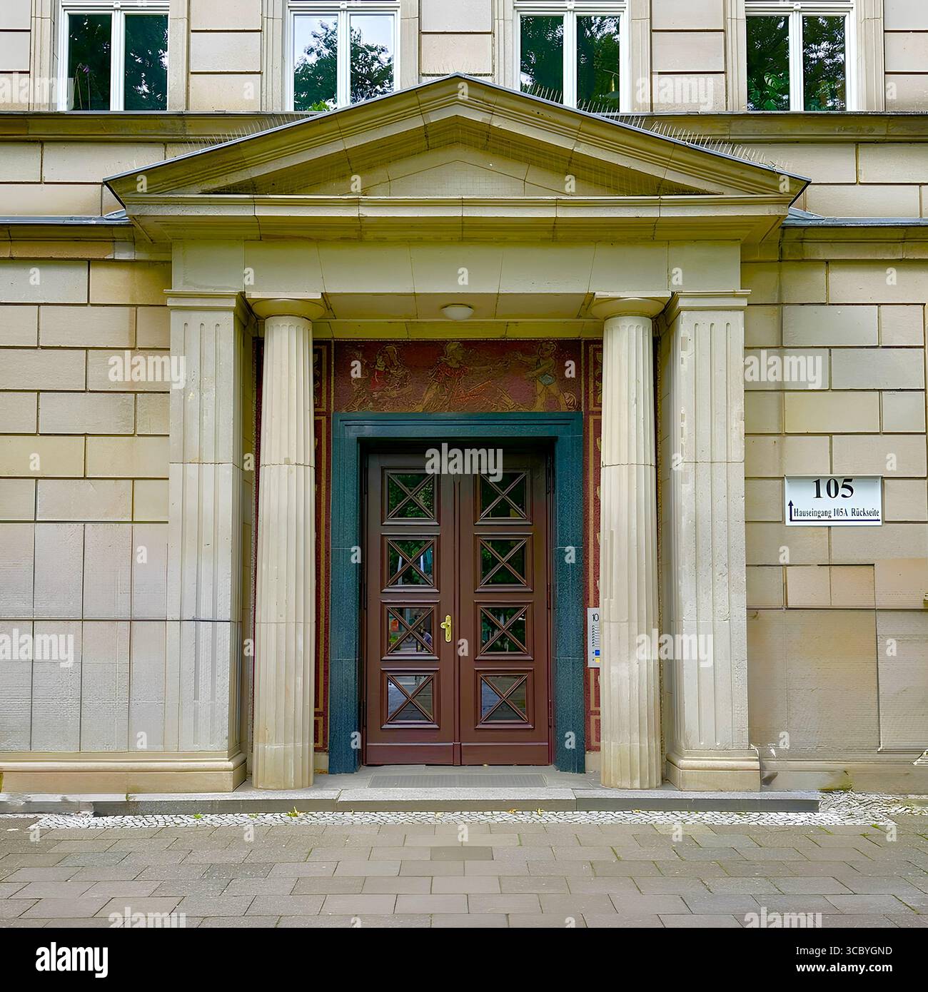 Facade of historic building at Karl-Marx-Allee 105A, Berlin, with ...