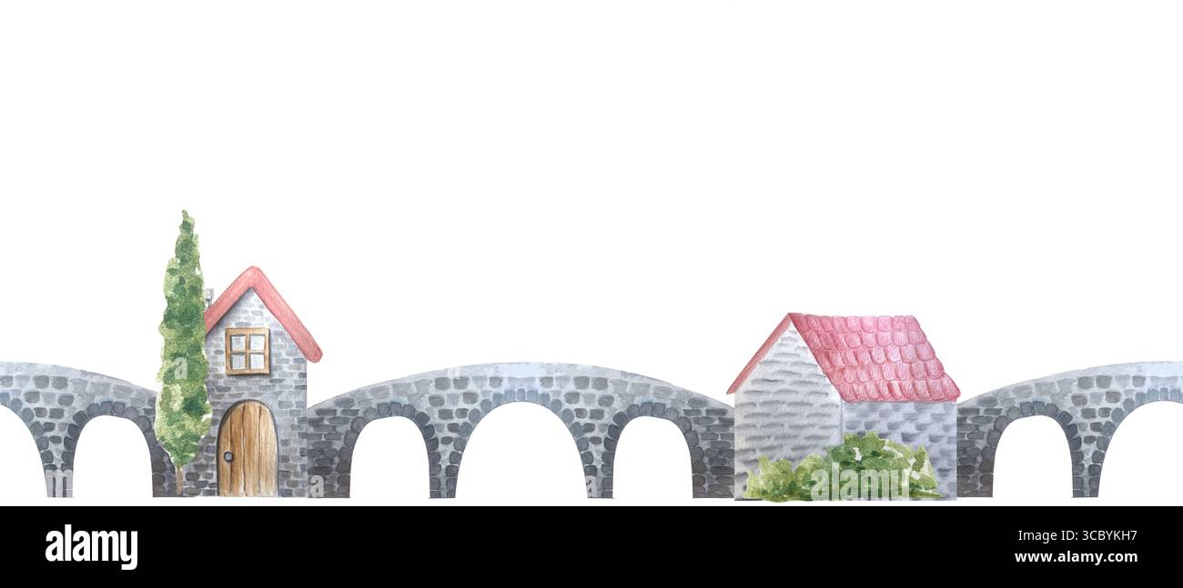 Stone arched bridge, two houses, and cypress tree seamless watercolor ...