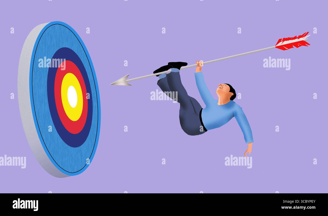 Staying on target is an arrow with a businessman hanging on controlling ...