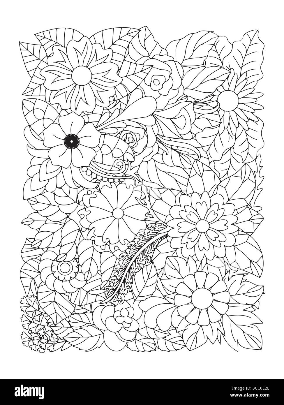 Black and white flower pattern for coloring. Doodle floral drawing. For ...