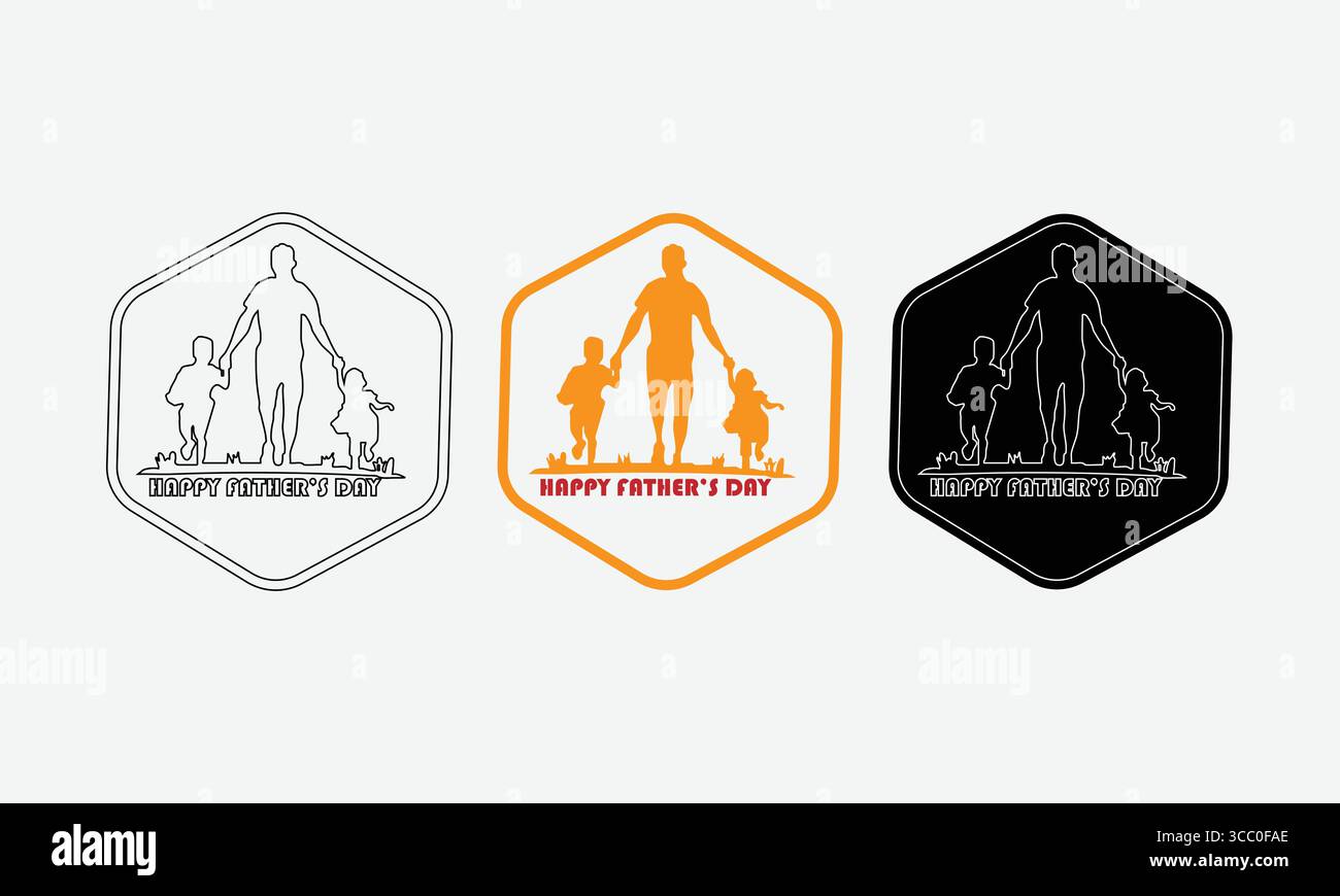 Father's Day Illustrations of a Dad with His Children in Outline, Color ...