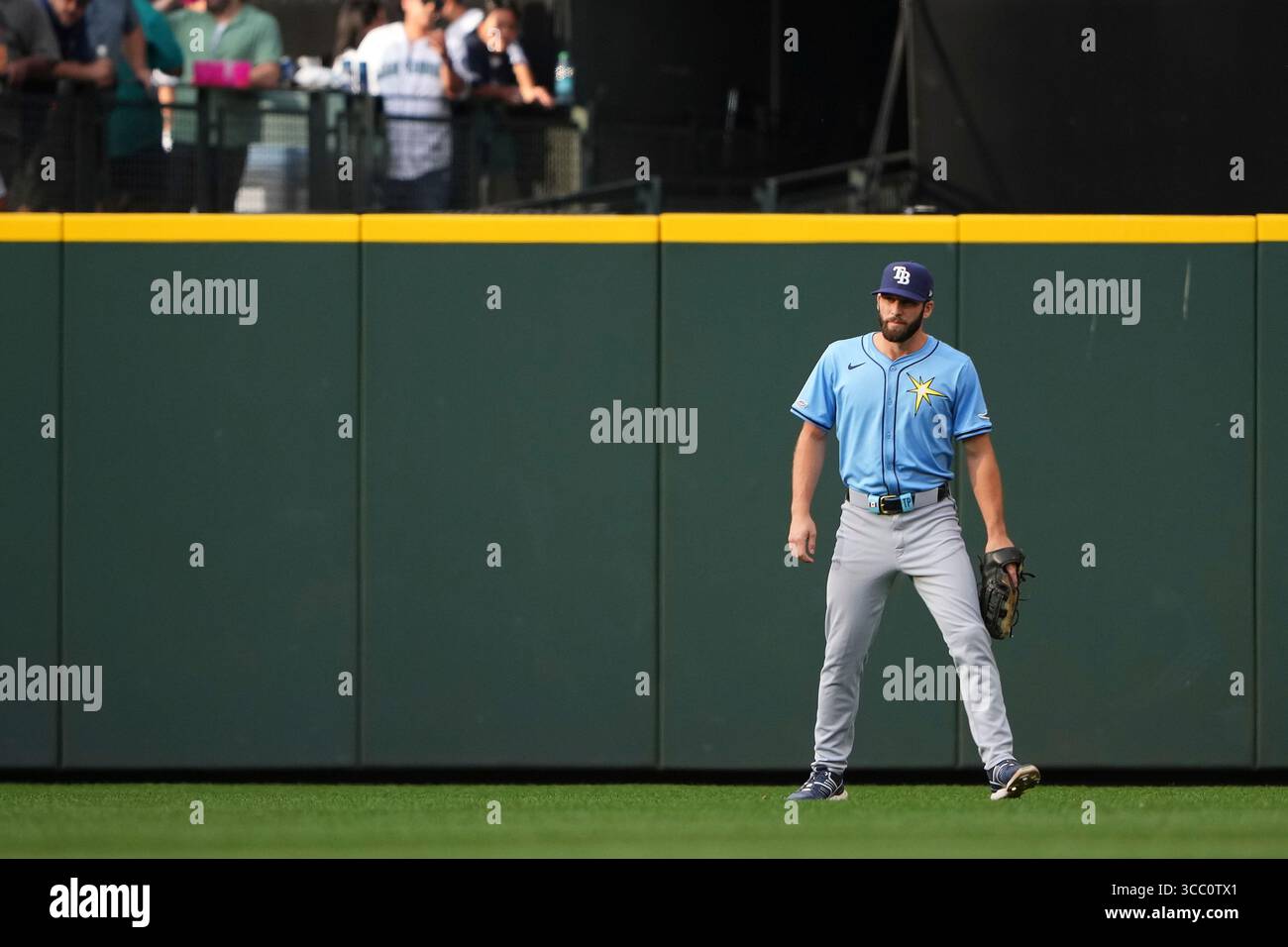 Tampa Bay Rays center fielder Tristan Peters looks on during a baseball ...