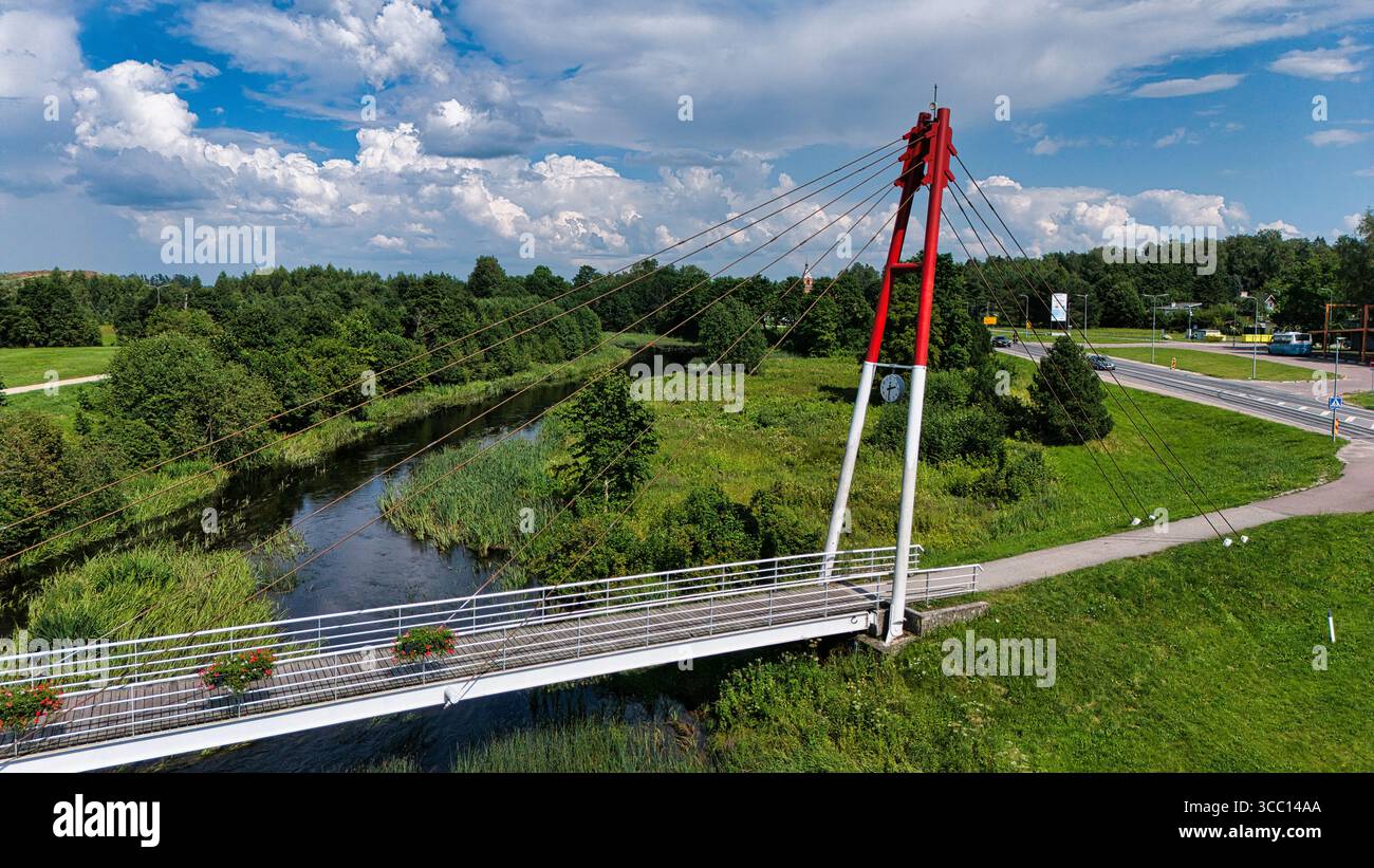 Cable-Stayed Pedestrian Bridge Over River in Kohila, Estonia - Summer ...