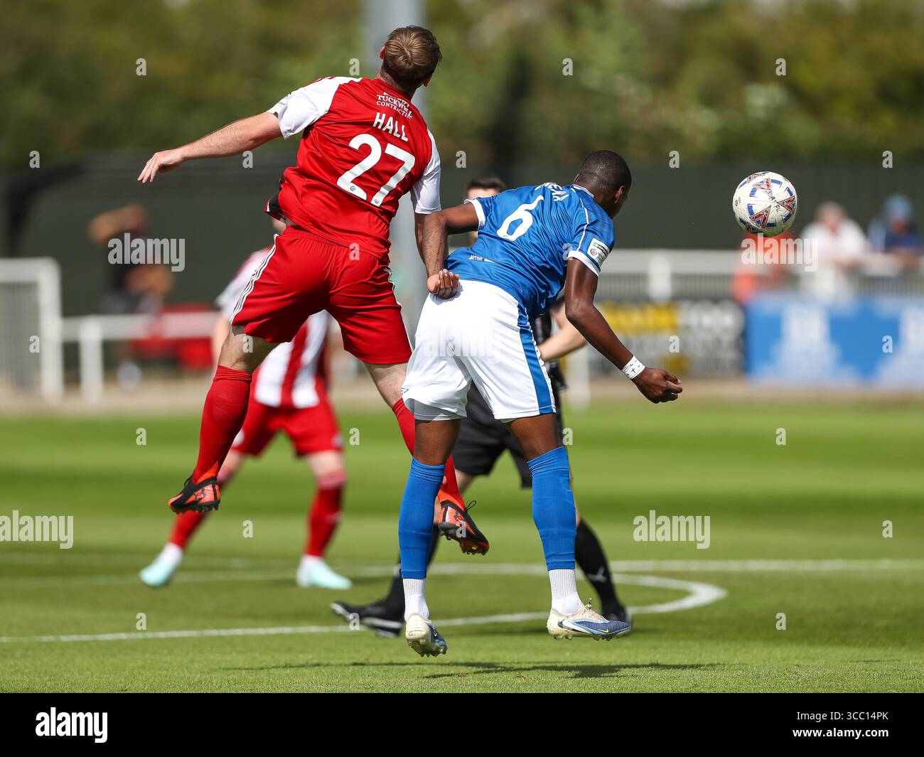 Brackley, UK. 9th August 2025. Temi Eweka of Eastleigh and Connor Hall ...