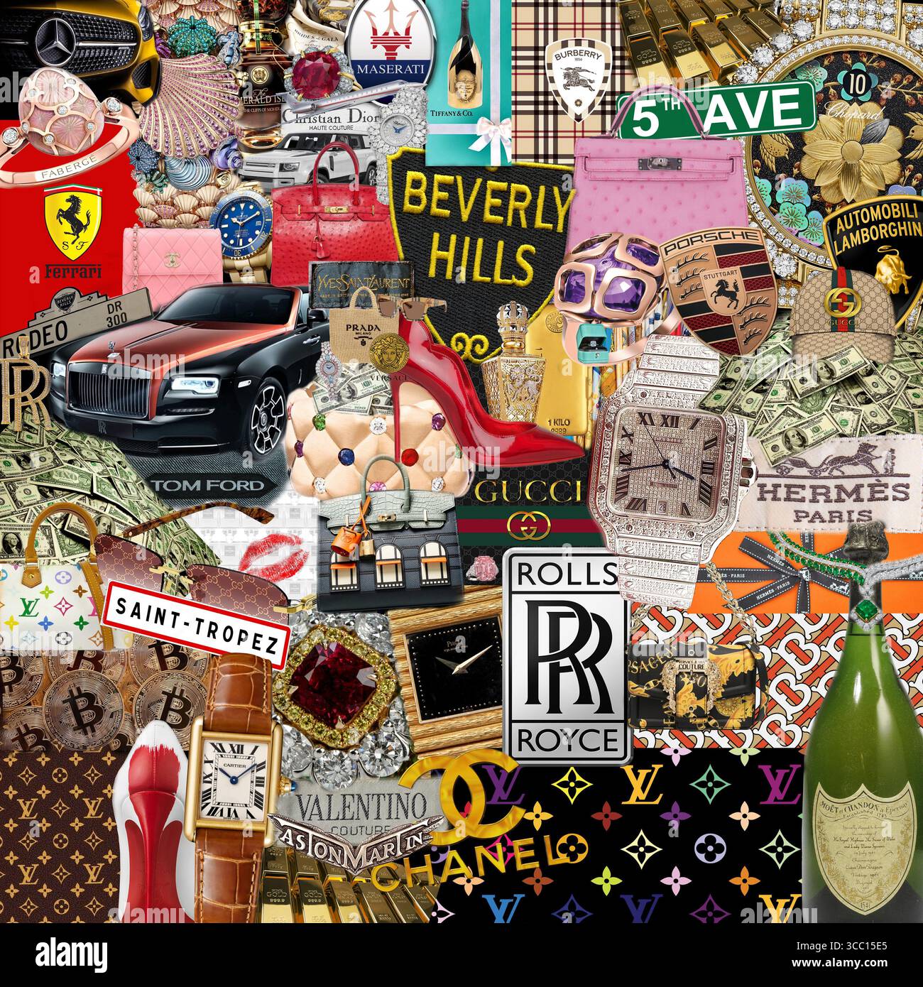 A vibrant collage showcases a plethora of luxury brands and symbols of ...