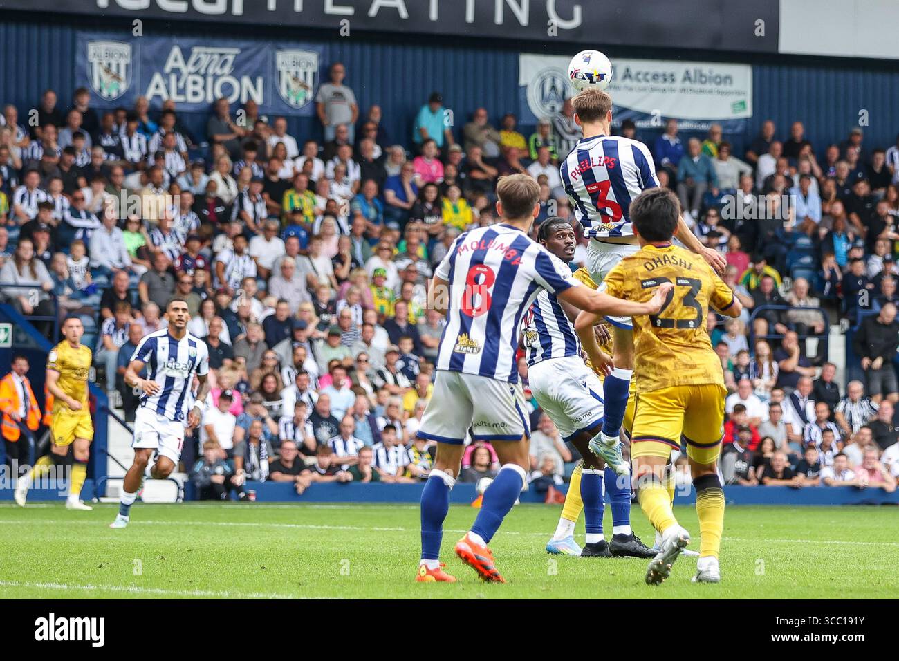 Nathaniel Phillips of WBA gets his head to the ball during the Sky Bet ...