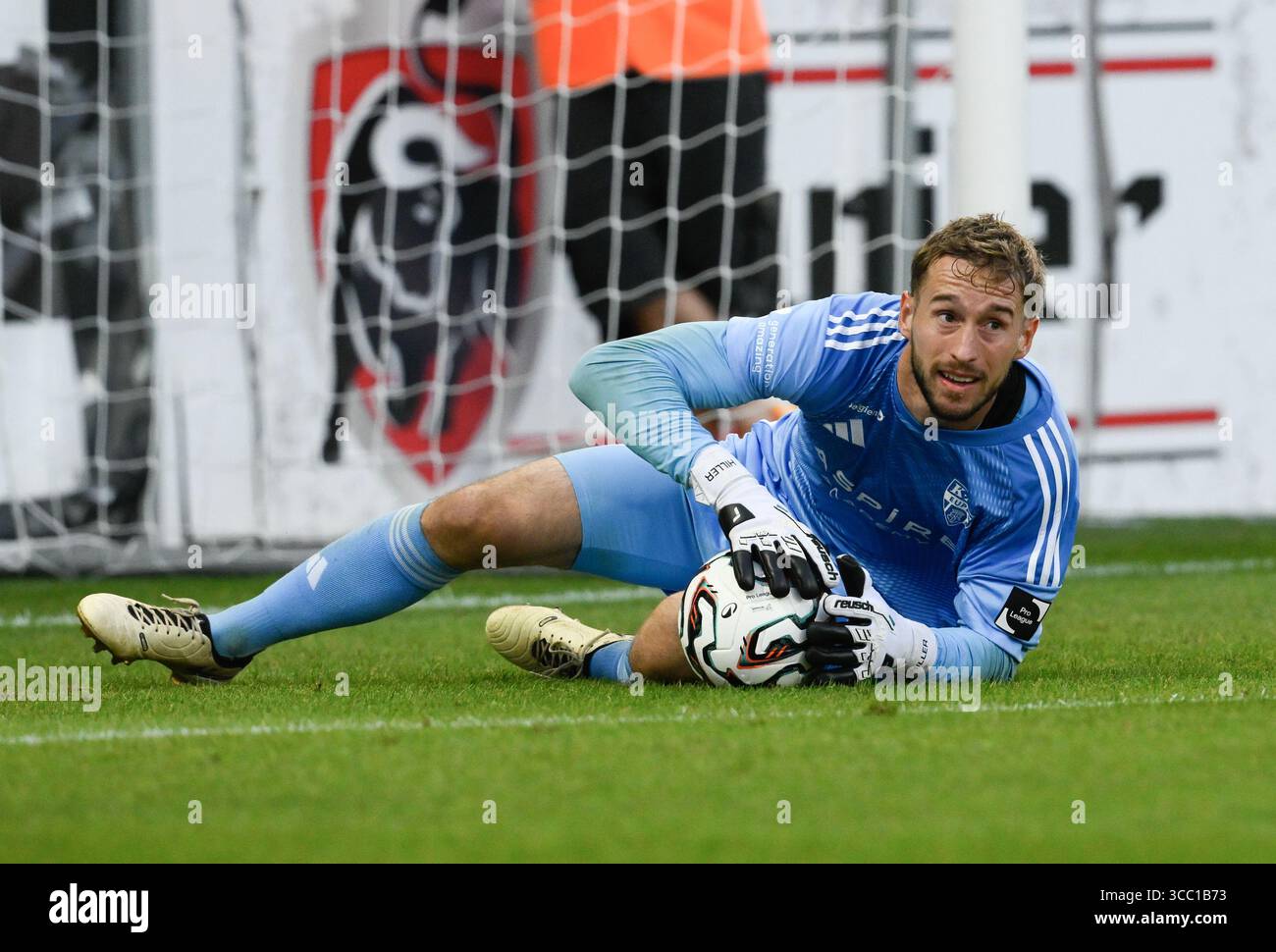 Eupen's goalkeeper Marco Hiller pictured during a soccer game between ...