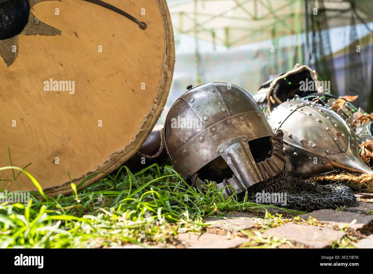 Medieval various Norman style helmets with chainmail Stock Photo - Alamy